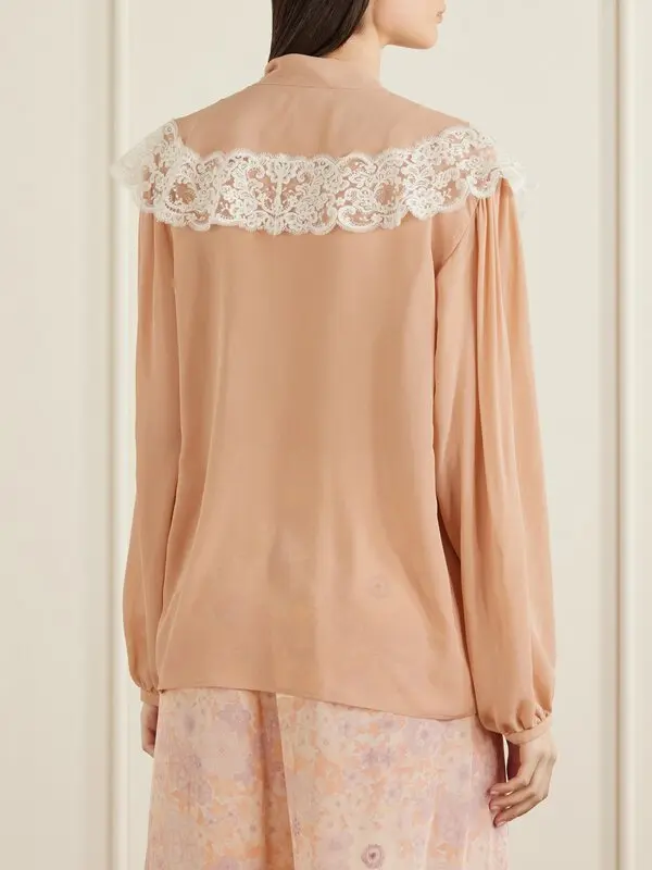 Chloé Georgette Silk Blouse With Lace Trim - Pink