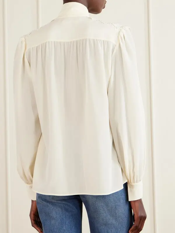 Chloé Pussy-bow Crochet-trimmed Silk Blouse - White