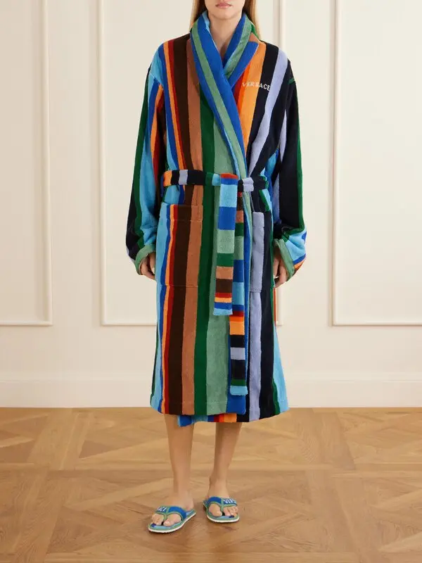 Versace Medusa Belted Striped Cotton-terry Robe