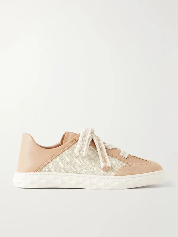 JIMMY CHOO Diamond Light Flex Leather And Raffia Lace-up Sneakers - Neutrals
