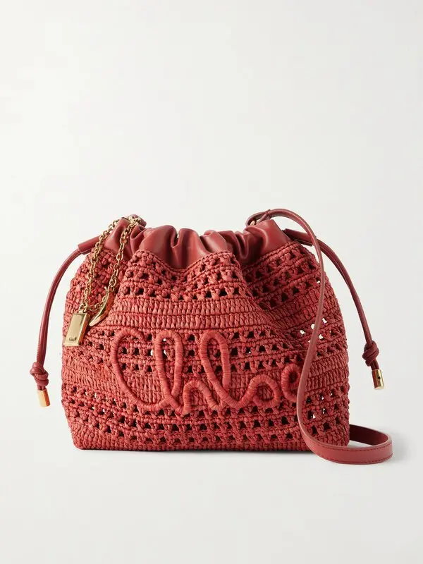 Chloé Raffia Shoulder Bag With Leather Trim - Red