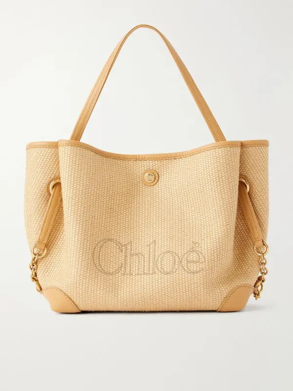Chloé Clover Raffia Effect Tote With Leather Trim And Gold Tone Chains