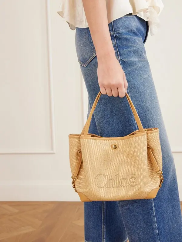 Chloé Clover Raffia Effect Tote With Leather Trim And Gold Tone Chains