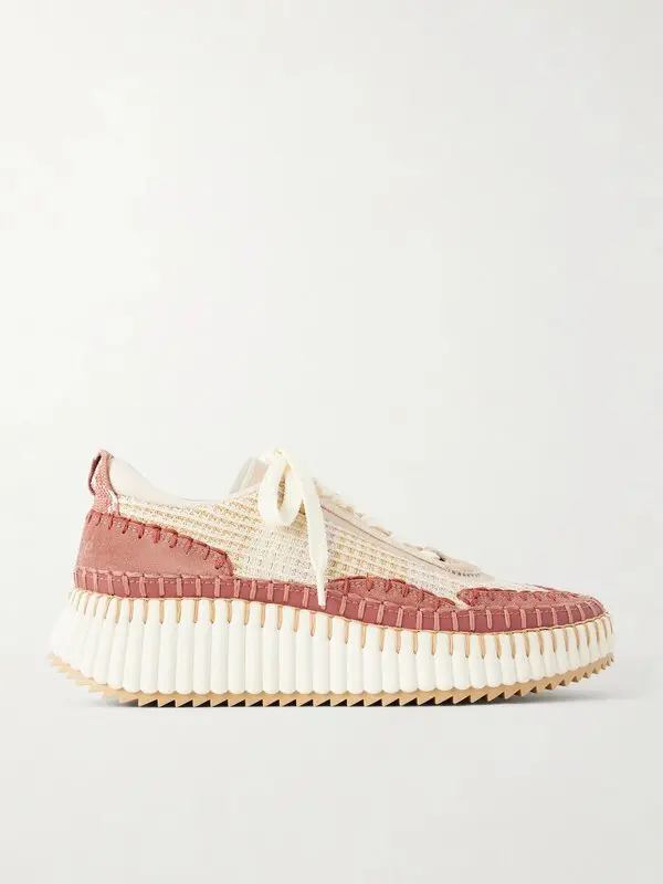 Chloé Nama Embroidered Suede And Recycled-mesh Sneakers