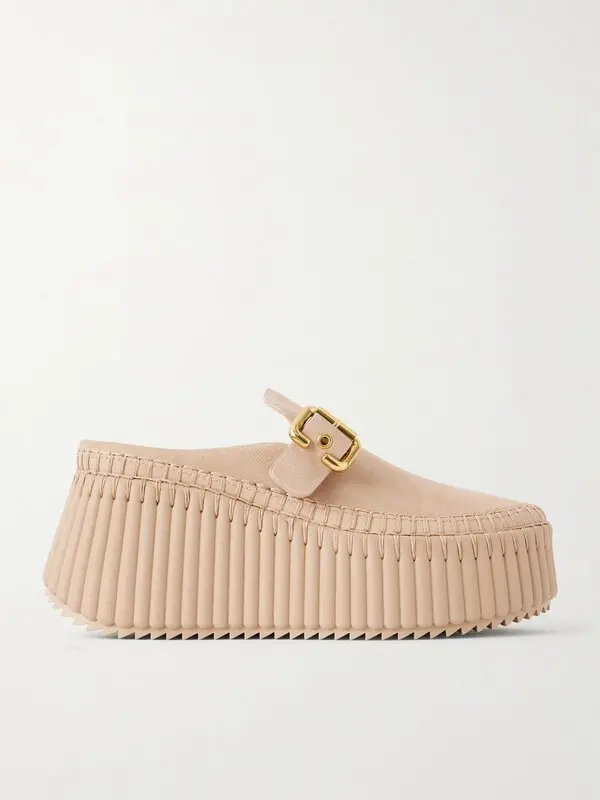 Chloé Suede Platform Mules With Gold-tone Buckle - Neutrals
