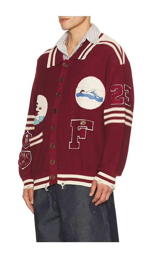 FOUND Varsity Patch Collared Cardigan In Red