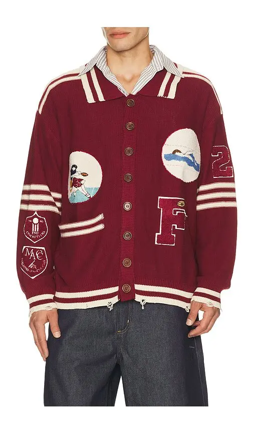FOUND Varsity Patch Collared Cardigan - Red