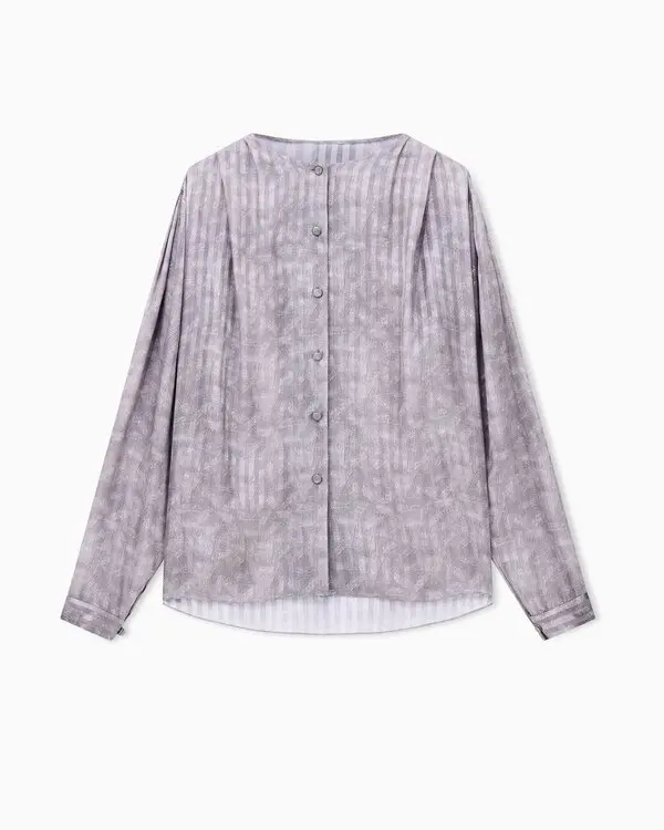 Giorgio Armani Blouse Collarless Printed Silk Shoulder Pleats Wide Stripes