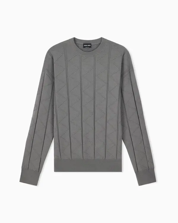 Giorgio Armani Regular Fit Virgin Wool Chevron Knit Sweater - Grey