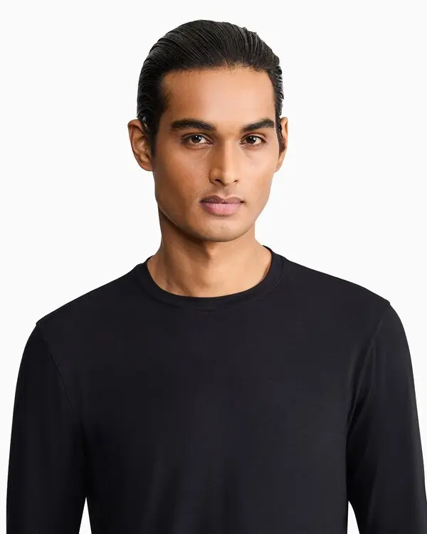 Giorgio Armani Long Sleeve Crewneck Jumper In Stretch Viscose - Black