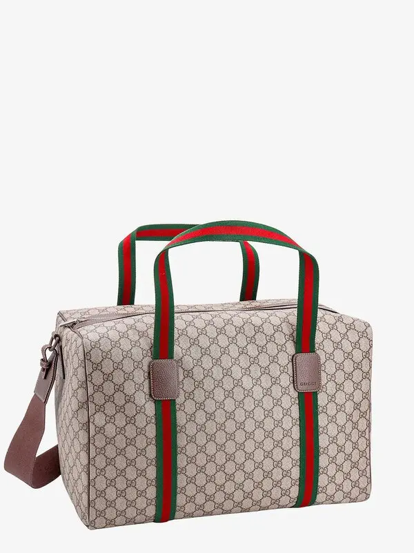 Gucci Gg Supreme Fabric And Leather Travel Bag With Web Detail - Beige