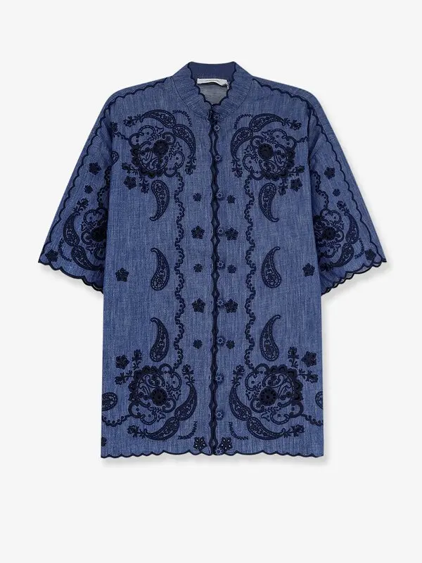 Zimmermann Aster Denim Shirt With Allover Contrasting Embroidery - Blue
