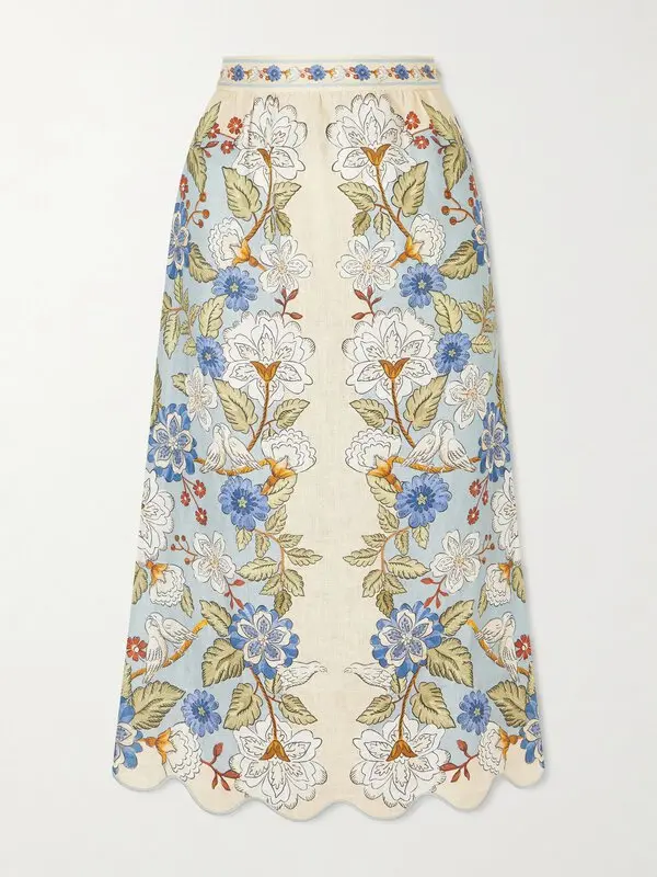 Farm Rio Garden Scarf Scalloped Printed Linen Midi Skirt - Blue
