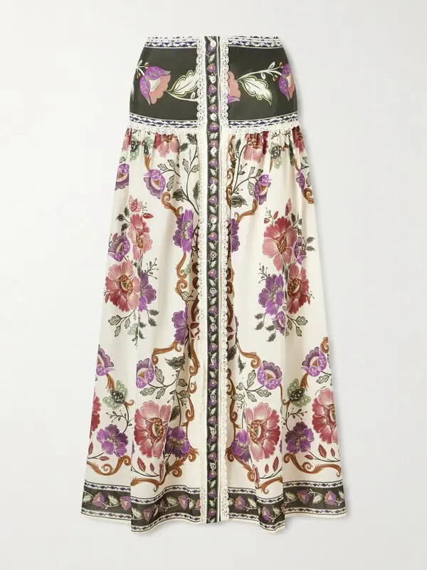Farm Rio Rococo Flowers Lace-trimmed Printed Cotton-blend Midi Skirt - Cream