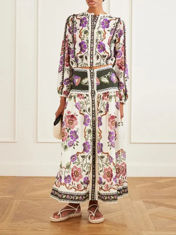 Farm Rio Rococo Flowers Lace-trimmed Printed Cotton-blend Midi Skirt