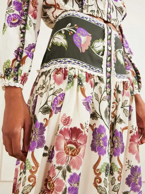 Farm Rio Rococo Flowers Lace-trimmed Printed Cotton-blend Midi Skirt