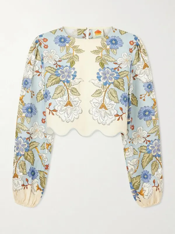 Farm Rio Garden Scarf Scalloped Printed Linen Blouse - Blue