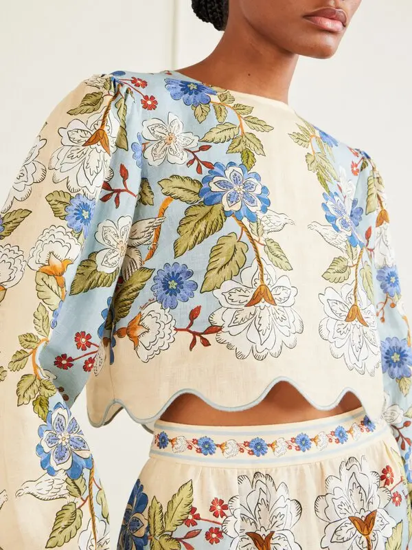 Farm Rio Garden Scarf Linen Blouse With Scalloped Hem