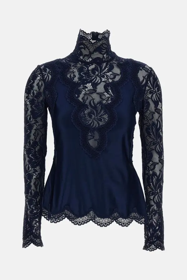 Rabanne Long-sleeve Lace Turtleneck Top - Blu