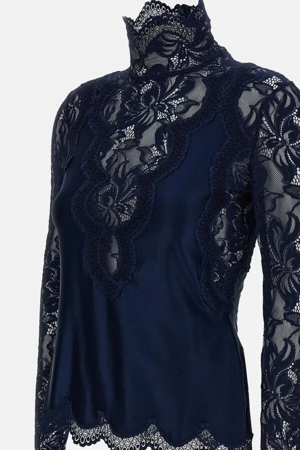 Rabanne Long-sleeve Lace Turtleneck Top - Blu