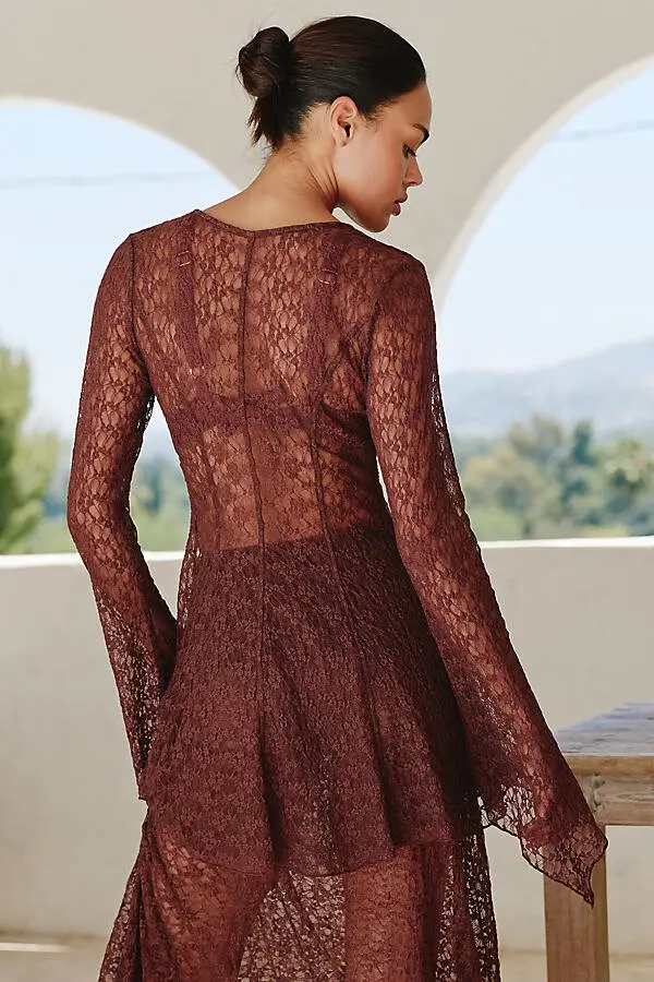 CELANDINE Lace Long-sleeve Top - Chocolate