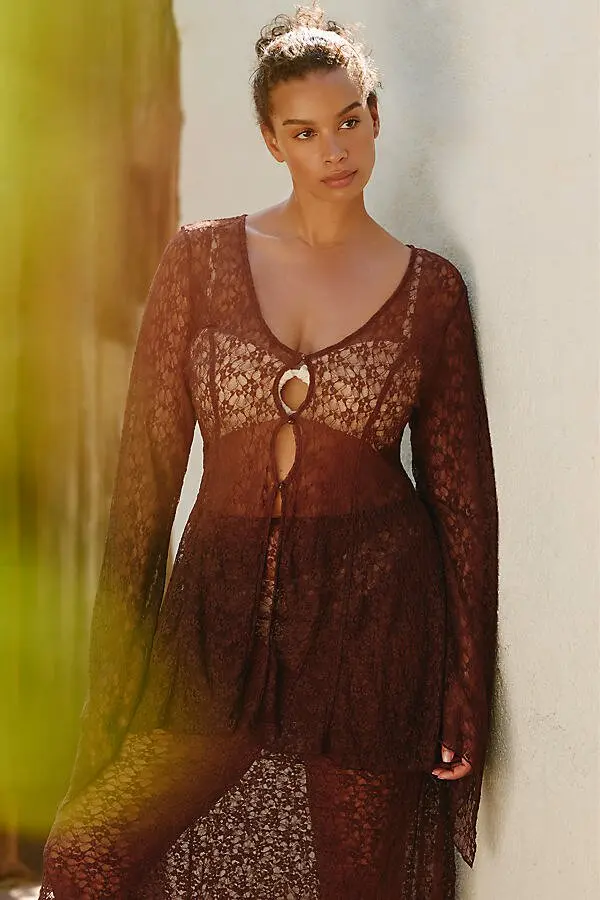 CELANDINE Lace Button-front Top - Chocolate
