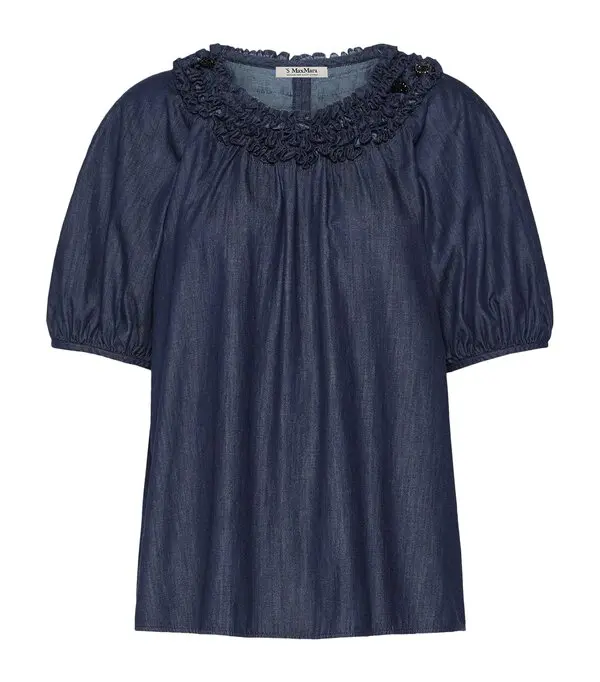 Max Mara Denim Ruffled Neckline Blouse - Navy