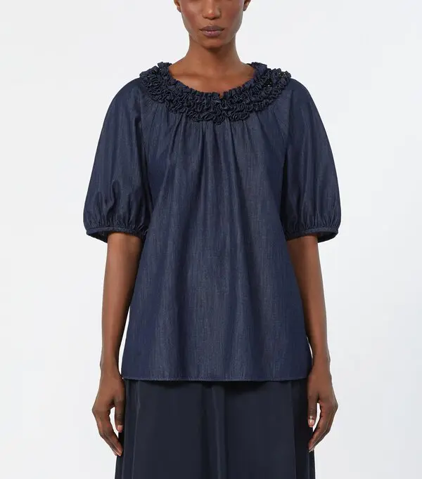 Max Mara Denim Ruffled Neckline Blouse