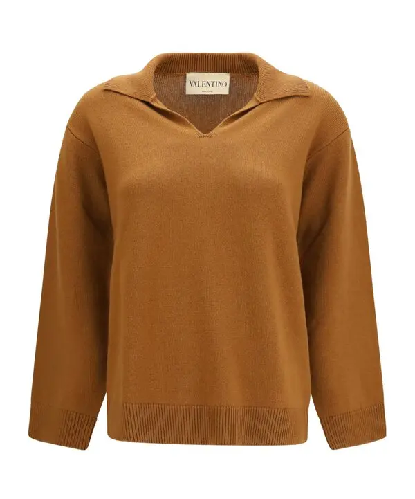Valentino Garavani V-neck Knitted Sweater With V Logo Collar - Brown
