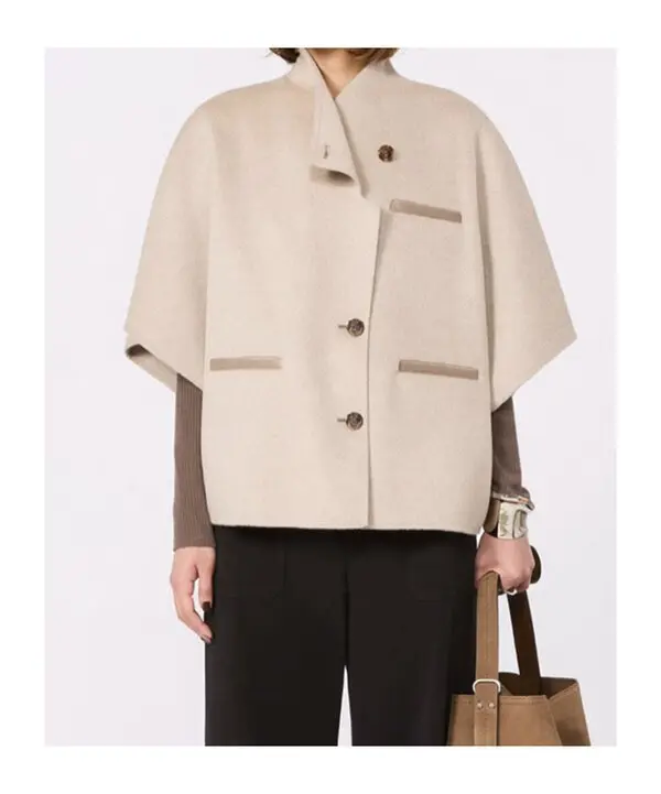 Max Mara Wool Blend Cape With Leather Trim - Stone