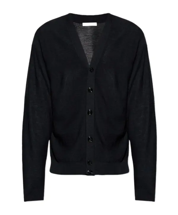 LEMAIRE Long Sleeved V-neck Cardigan With Ribbed Details - Black