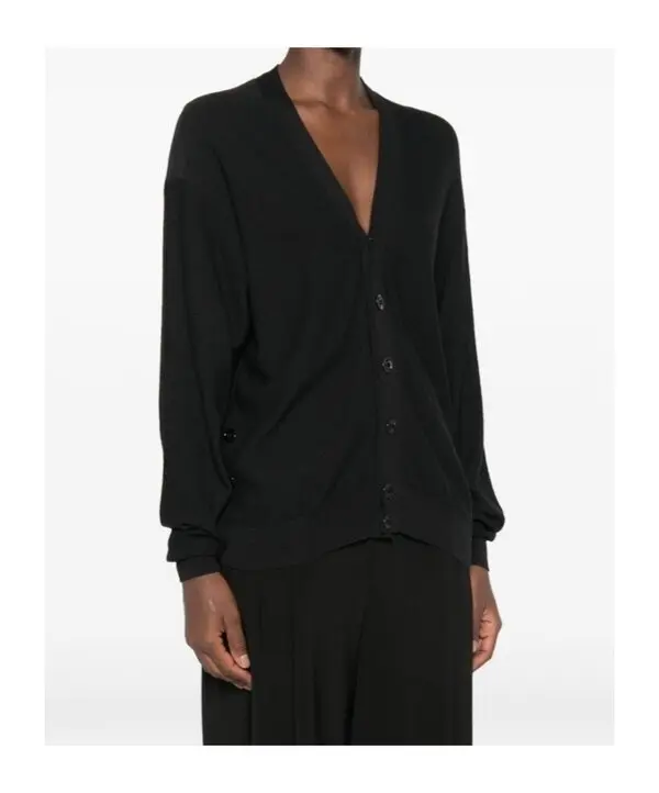 LEMAIRE Long Sleeved V-neck Cardigan With Ribbed Details - Black