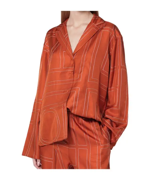 TOTEME Monogram Silk Pajama Shirt - Brown