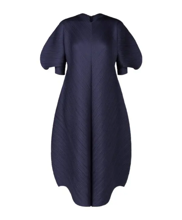 Issey Miyake V-neck Balloon Sleeve Midi Dress - Navy Blue