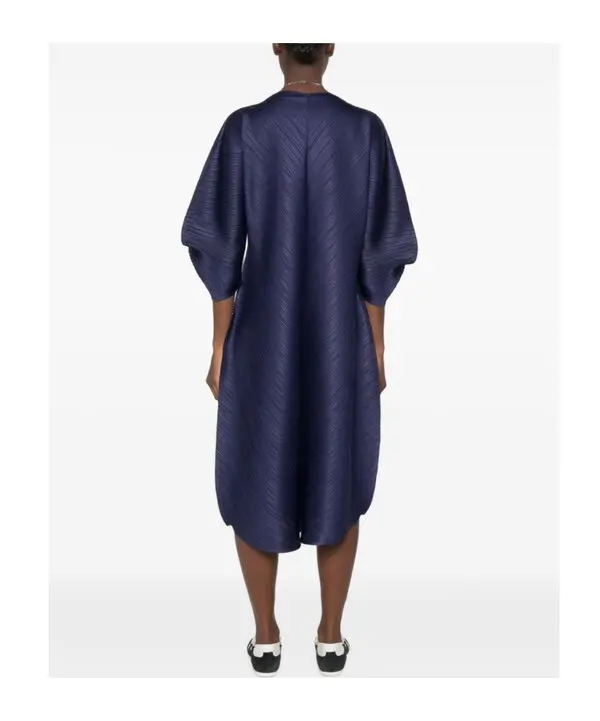Issey Miyake V-neck Balloon Sleeve Midi Dress - Navy Blue