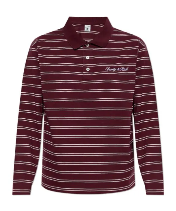 SPORTY  RICH Sporty & Rich Striped Long Sleeve Polo Shirt - Brown