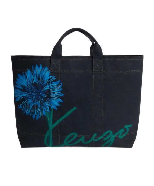 Kenzo Tulip' Large Tote Bag In Denim-like Twill - Black