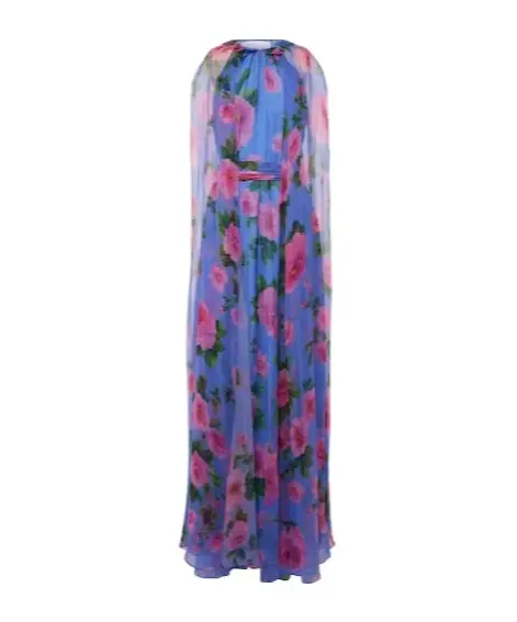 Carolina Herrera Floral Caped Halterneck Silk Gown - Blue