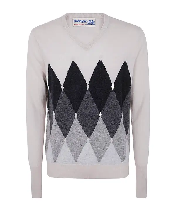 BALLANTYNE Fine Knit V-neck Pullover With Diamond Pattern - White