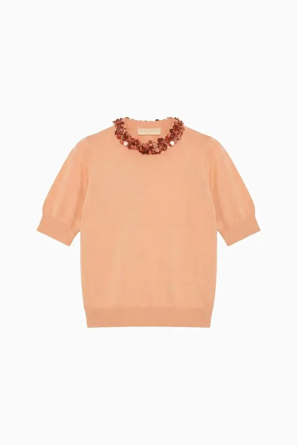 Ulla Johnson Jude Embellished Merino Wool Top - Coral
