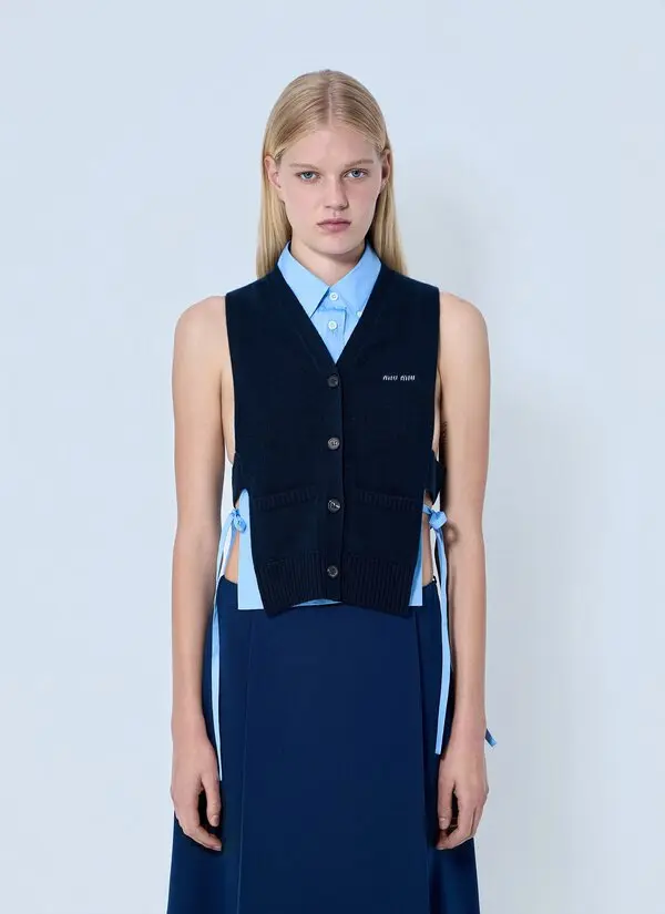 Miu Miu V-neck Logo Knit Vest With Side Ties - Blue