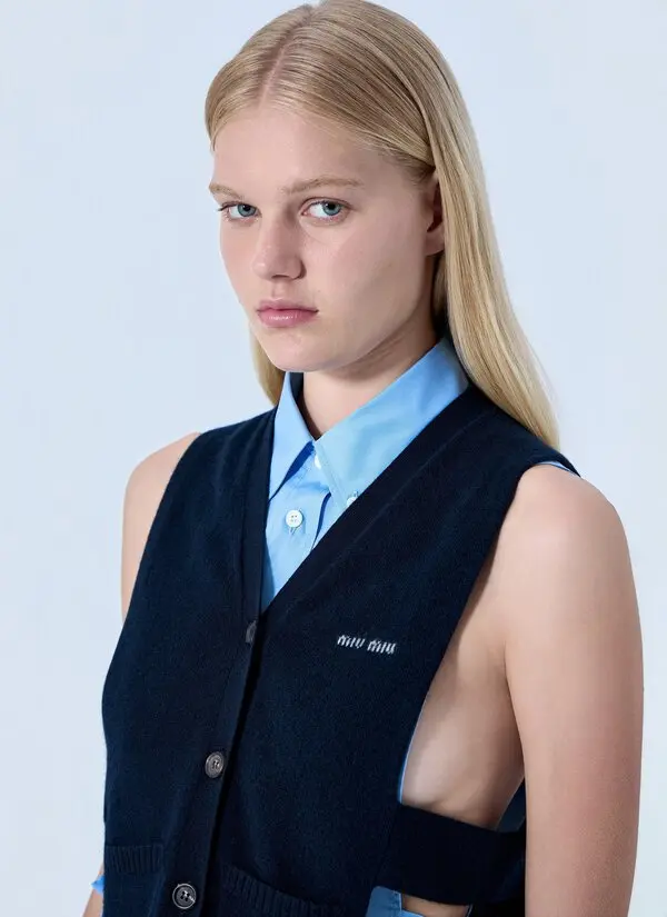 Miu Miu V-neck Logo Knit Vest With Side Ties - Blue