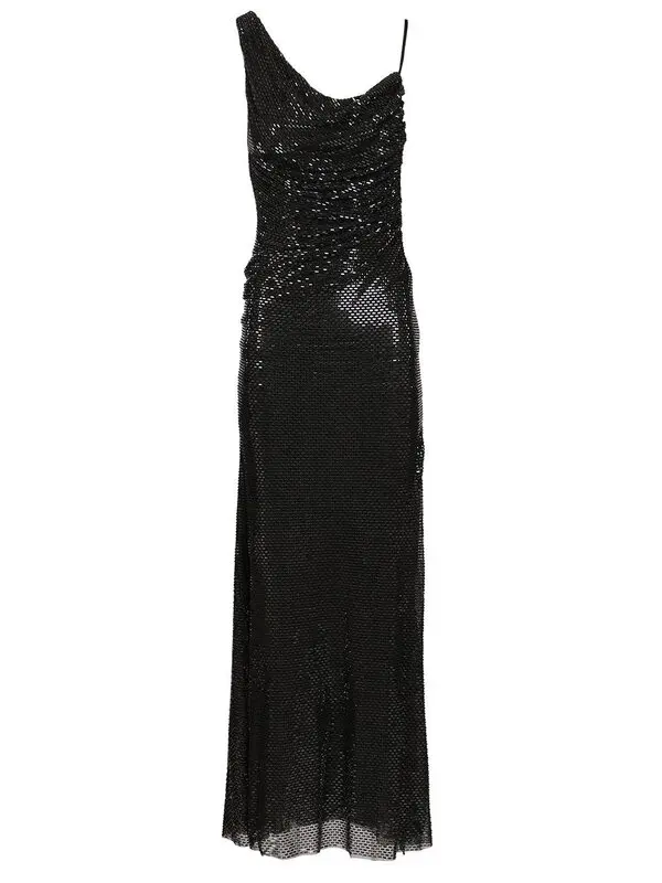SELF-PORTRAIT Rhinestone Draped Floor-length Dress With Side Slit - Black