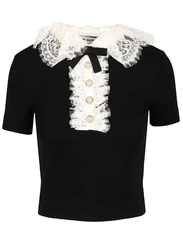 SELF-PORTRAIT Wool Knit Top With Lace And Bow Detail - Black