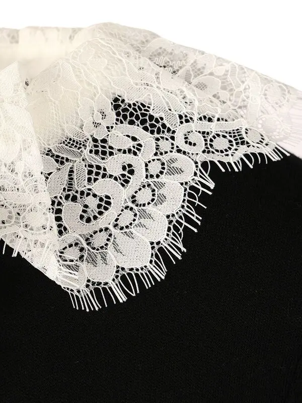 SELF-PORTRAIT Wool Knit Top With Lace And Bow Detail - Black