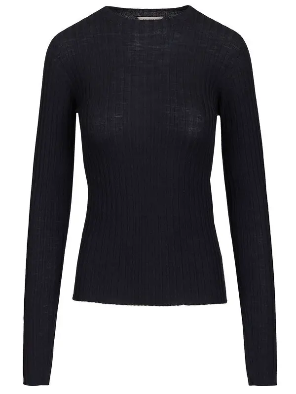 Balenciaga Ribbed Knit Long Sleeve Crew Neck Sweater - Blue