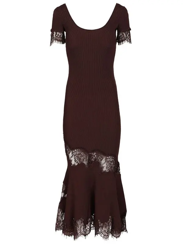 SELF-PORTRAIT Ribbed Viscose Blend Midi Dress With Lace Trims - Brown