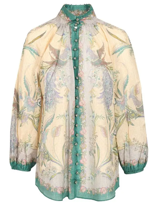 Zimmermann Indra Blouse With Printed Motif And Beaded Trim - Multicolor