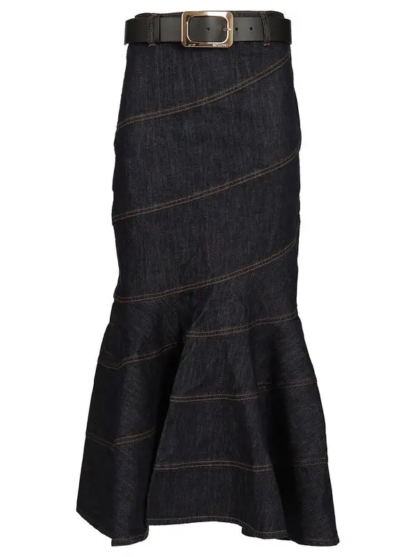 SELF-PORTRAIT Belted Denim Midi Skirt - Blue