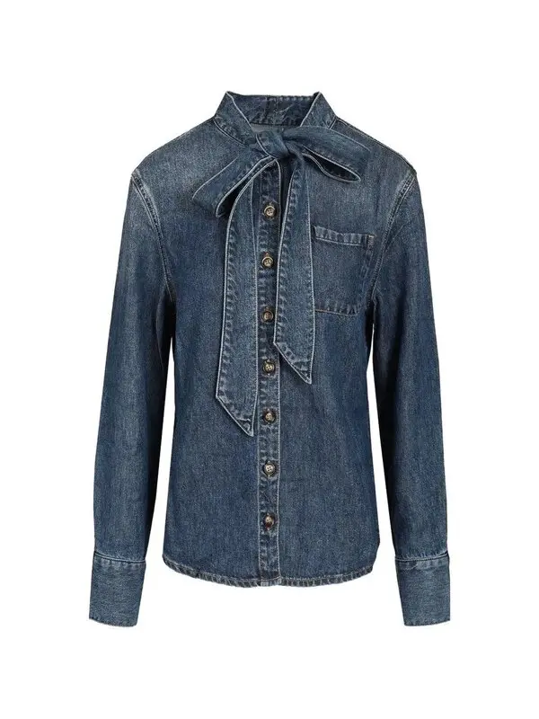 SELF-PORTRAIT Lyocell Bow Neck Shirt - Blue